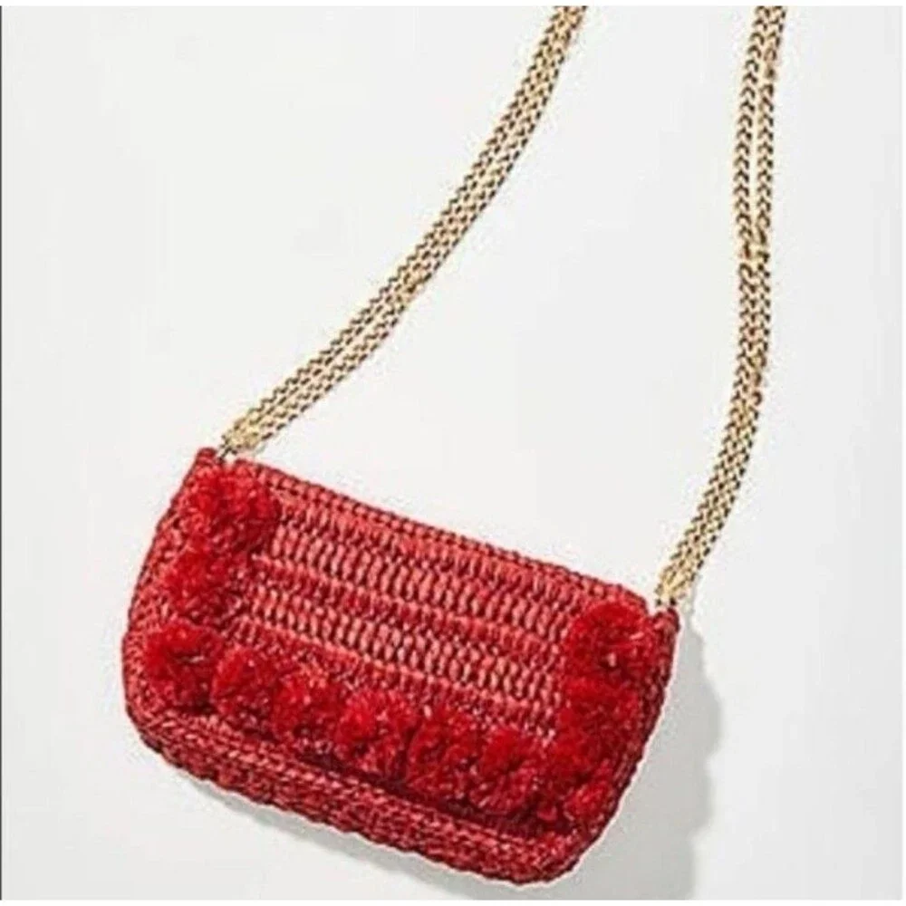 LOFT | Bags | Nwt Loft Pom Pom Crossbody Straw Woven With Gold Chain ...
